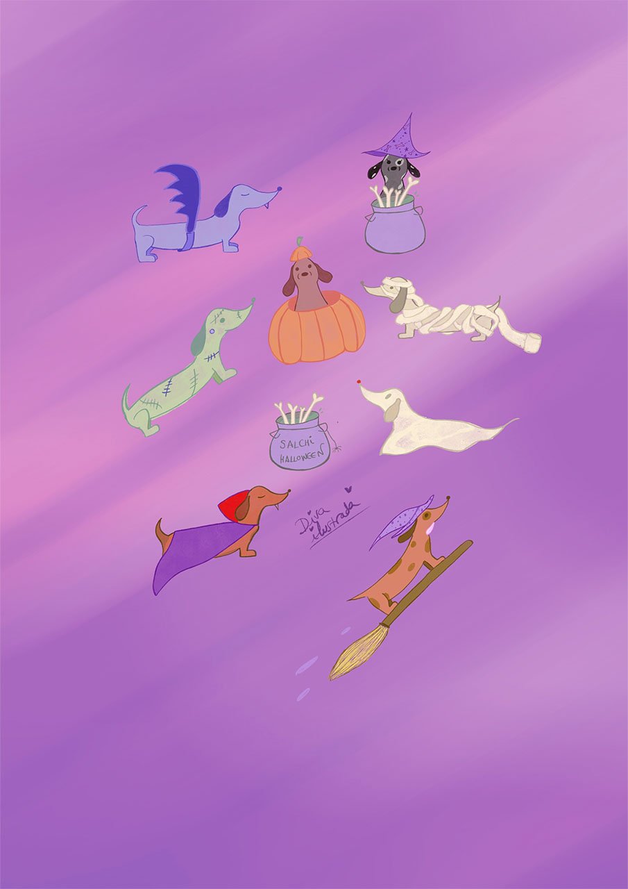 Pack stickers perros salchicha Halloween - Diva Ilustrada
