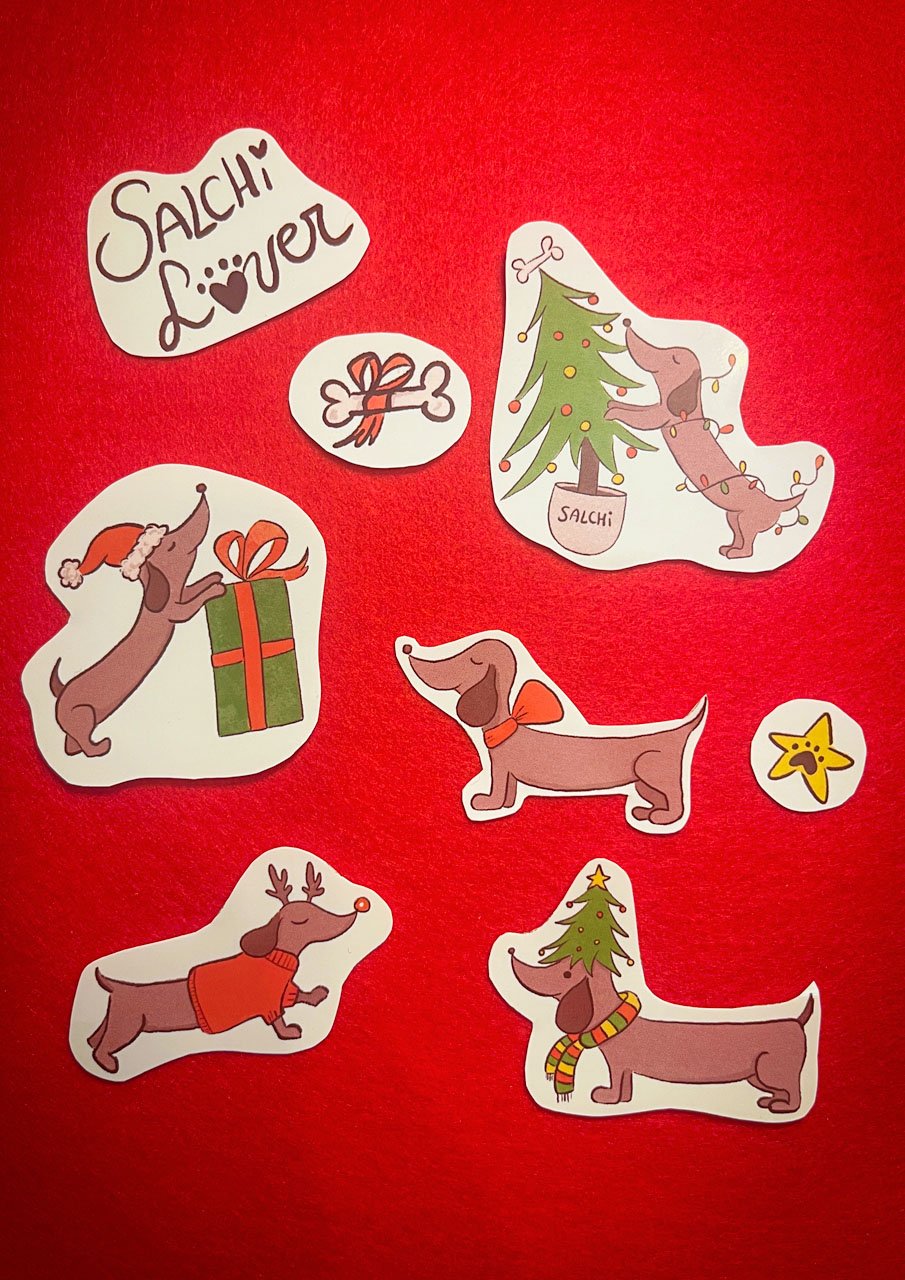 Pack stickers perros salchicha Navidad - Diva Ilustrada